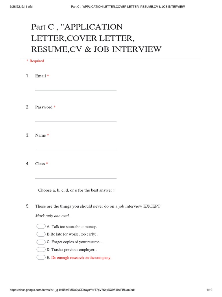Part C 'APPLICATION LETTER, COVER LETTER, RESUME, CV & JOB INTERVIEW - Google Forms-1 | PDF ...