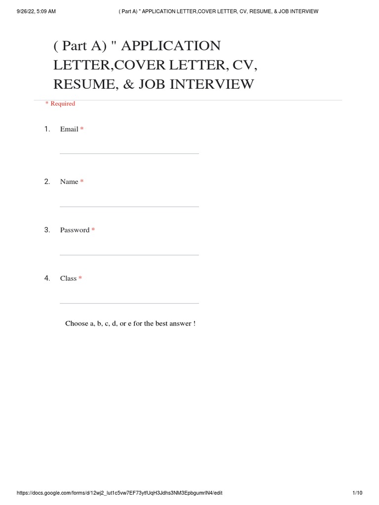 (Part A) APPLICATION LETTER, COVER LETTER, CV, RESUME, & JOB INTERVIEW ... (Part A) APPLICATION LETTER, COVER LETTER, CV, RESUME, & JOB INTERVIEW ...