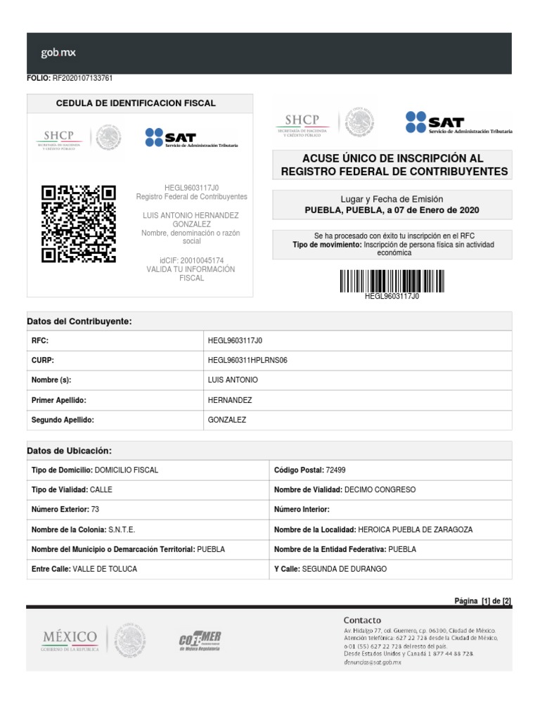 Acuse de Inscripción al RFC 2020 | PDF | México | Privacidad de la ...