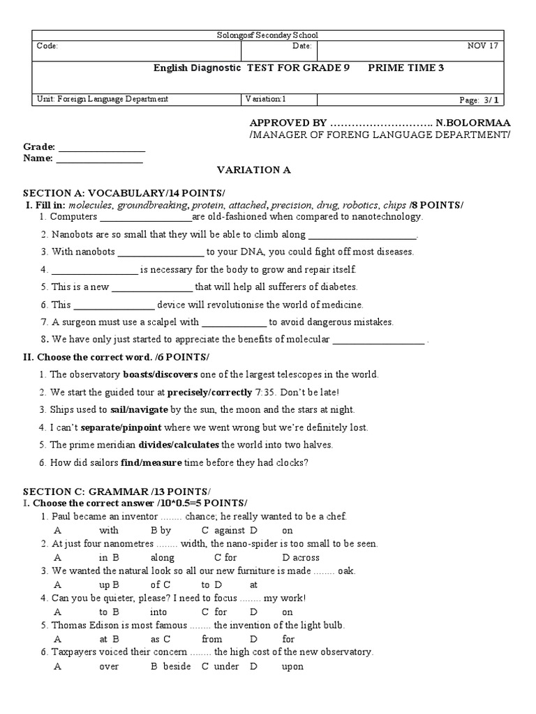Exam - Material - 9 Grade (Upper) | PDF