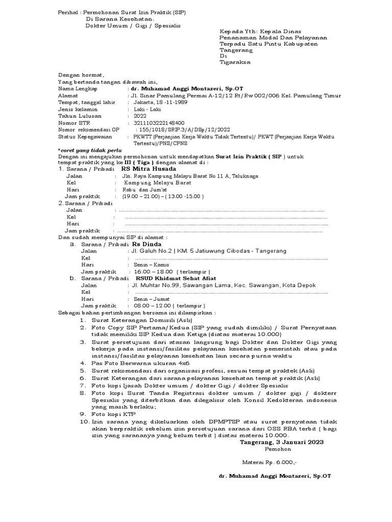 Formulir Permohonan SIP Dokter Praktek Formulir OK | PDF