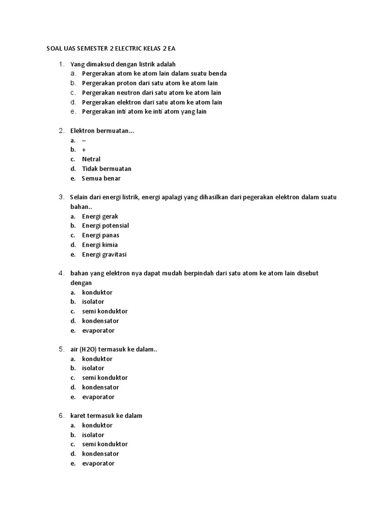 Soal Uas Semester 2 Electric Kelas 2 Ea | PDF