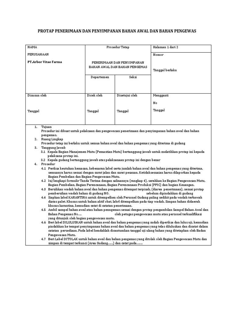 Protap Penerimaan Dan Penyimpanan Bahan Awal Dan Bahan Pengewas | PDF