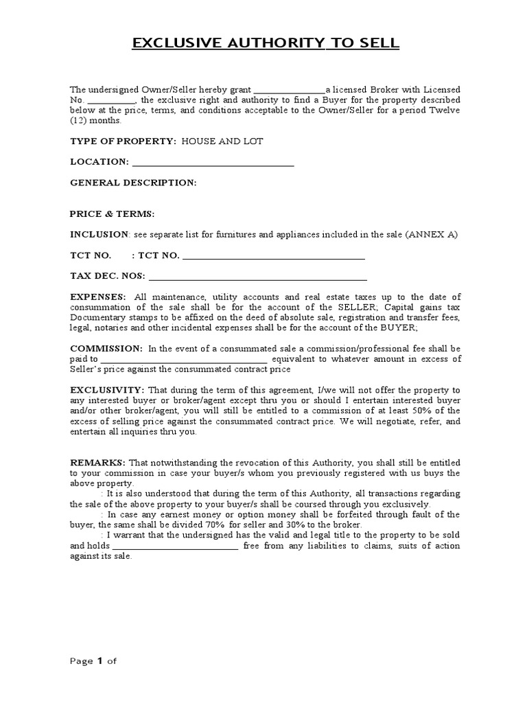 Exclusive Authority To Sell | PDF