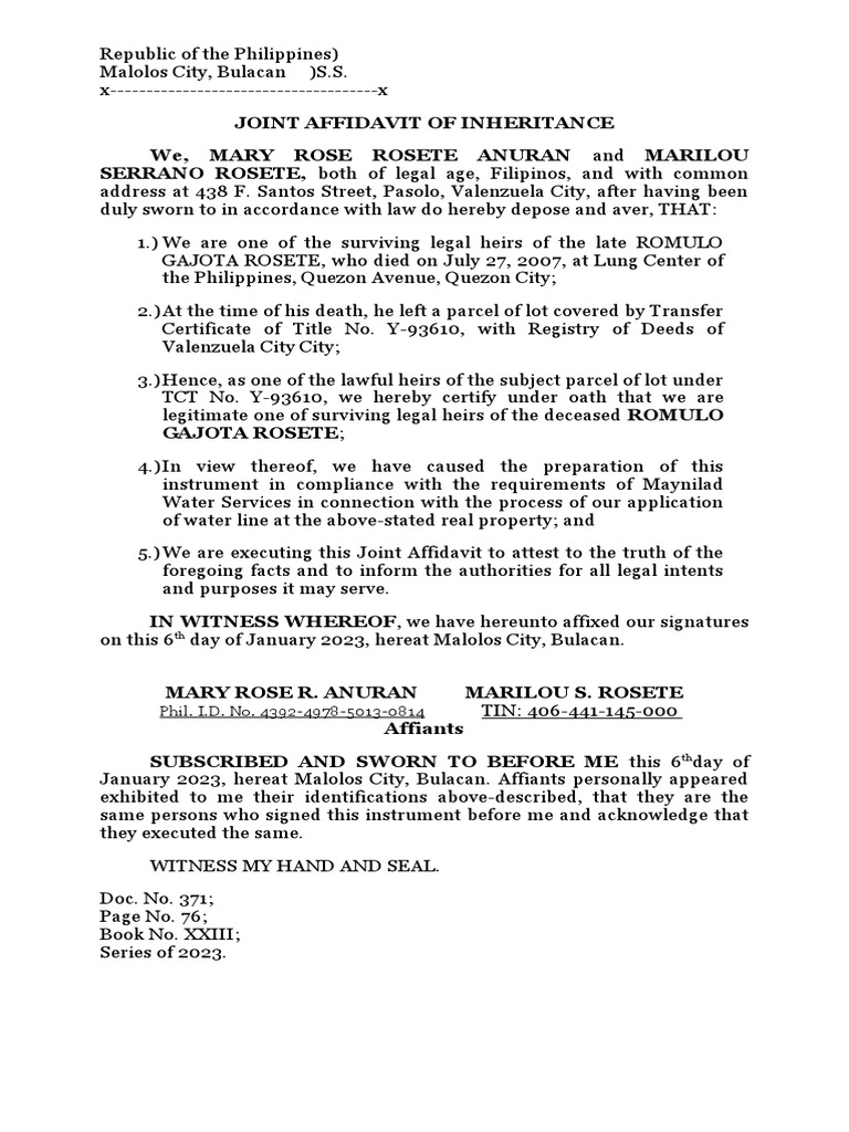 Affidavit of Inheritance Rosete | PDF