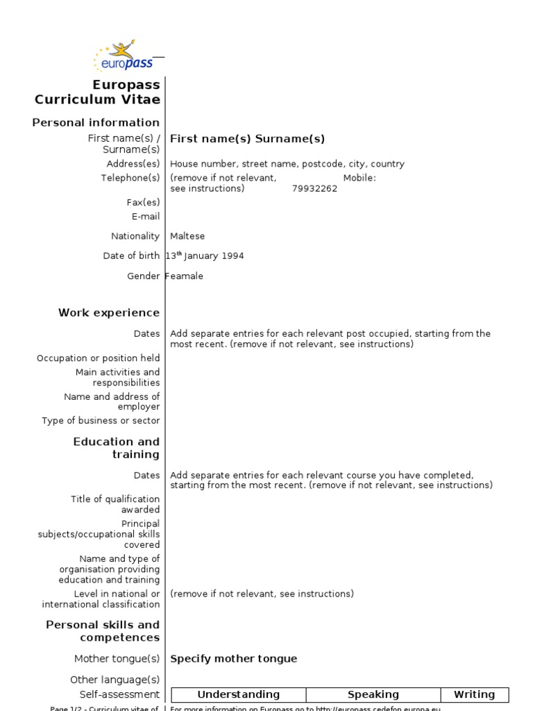 Europass CV Template and Guidelines | PDF | Career & Growth