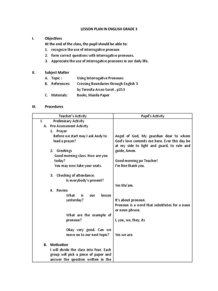 Lesson Plan in English Grade 3 | PDF | Pronoun | Question