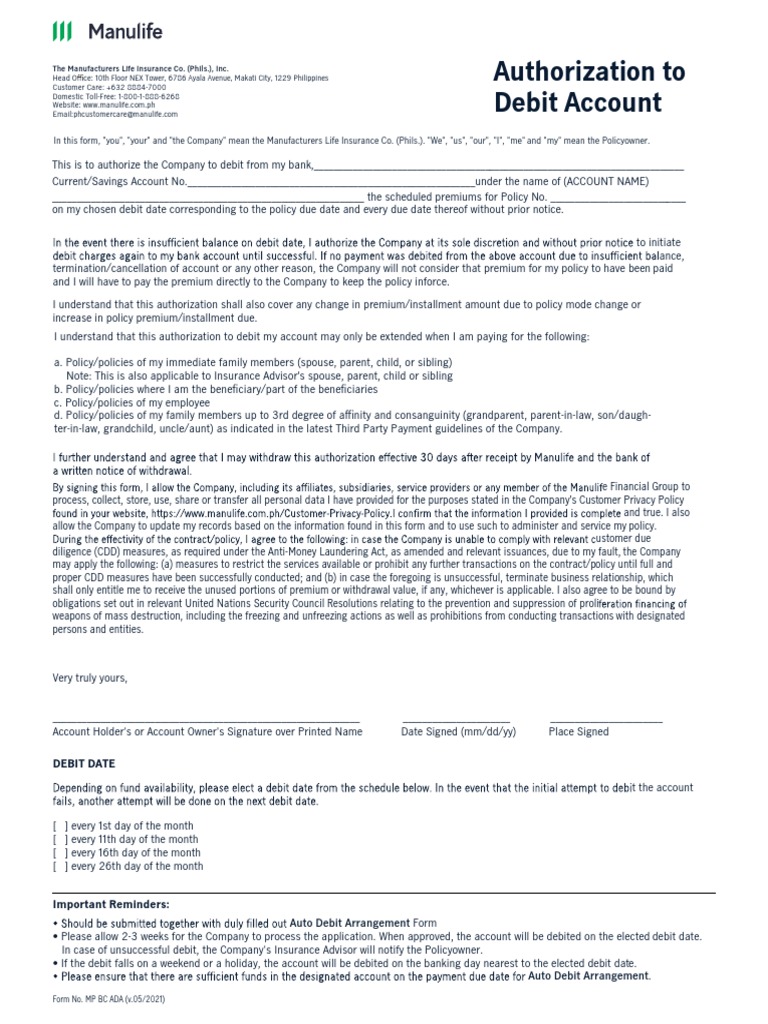 Authorization To Debit Form | PDF | Insurance | Debit Card