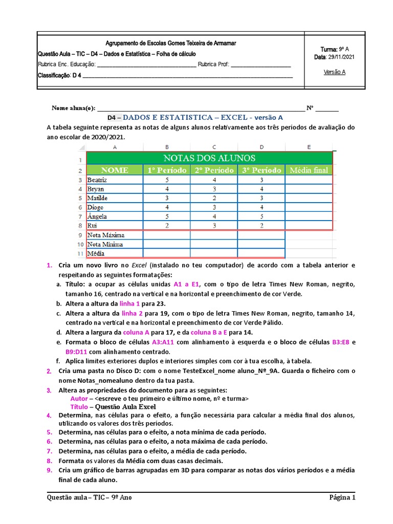 Teste EXCEL Versao A - 9ºA | PDF | Computadores