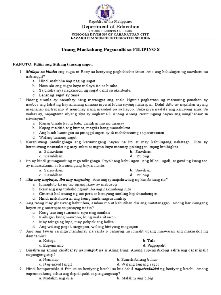 Unang Markahang Pagsusulit Sa FILIPINO 8 | PDF