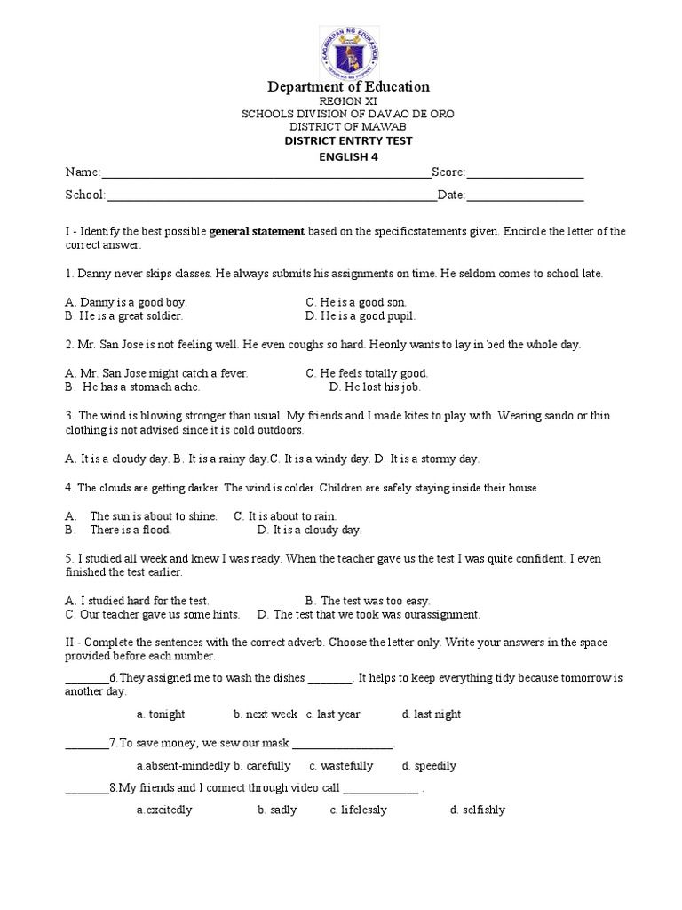 Grade 4 English Diagnostic Test PDF | PDF | Language Arts & Discipline ...