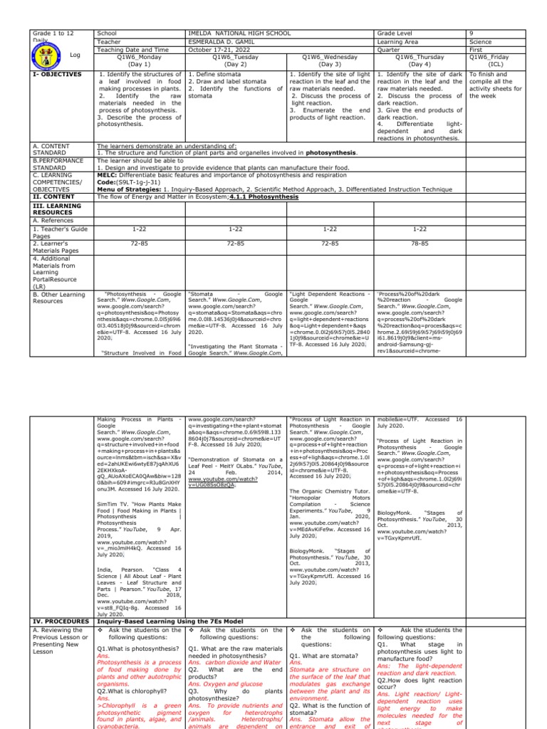Le Grade 9 Science, Q1 W6 | PDF | Photosynthesis | Chloroplast