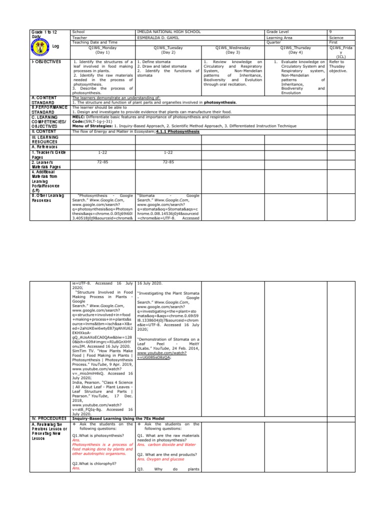 LE GRADE 9 SCIENCE, Q1 W6-New | PDF | Stoma | Photosynthesis