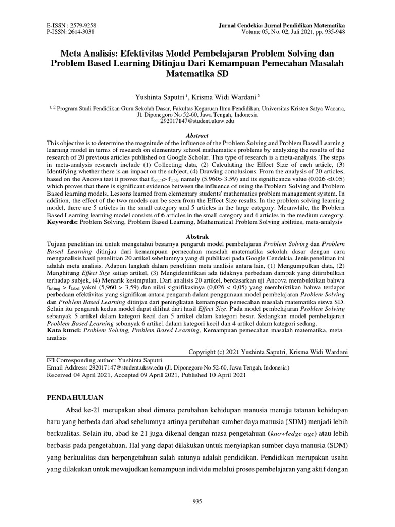 Efektivitas Model Pembelajaran Problem Solving Dan Problem Based Learning Ditinjau Dari ...