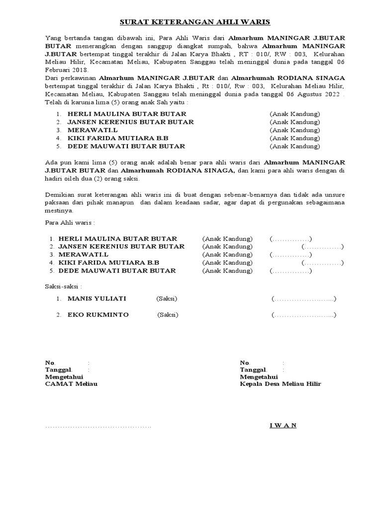 Surat Keterangan Ahli Waris | PDF