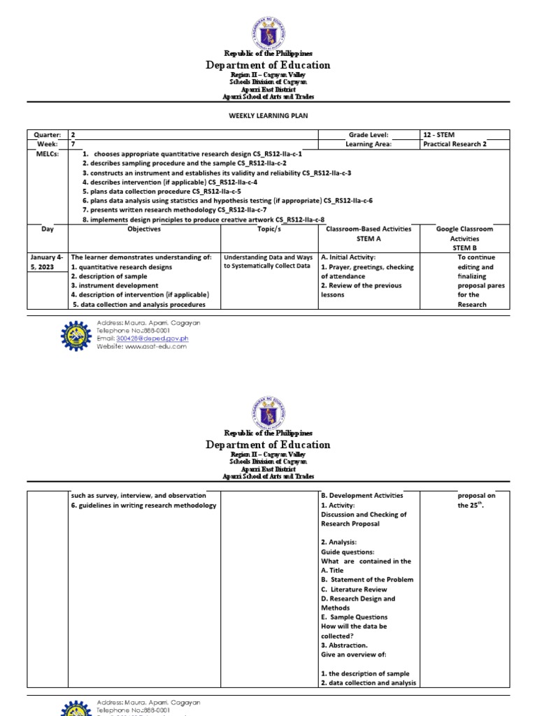 Week - 7 Weekly-Learning-Plan - PR2 Q2 | PDF | Evaluation Methods | Learning