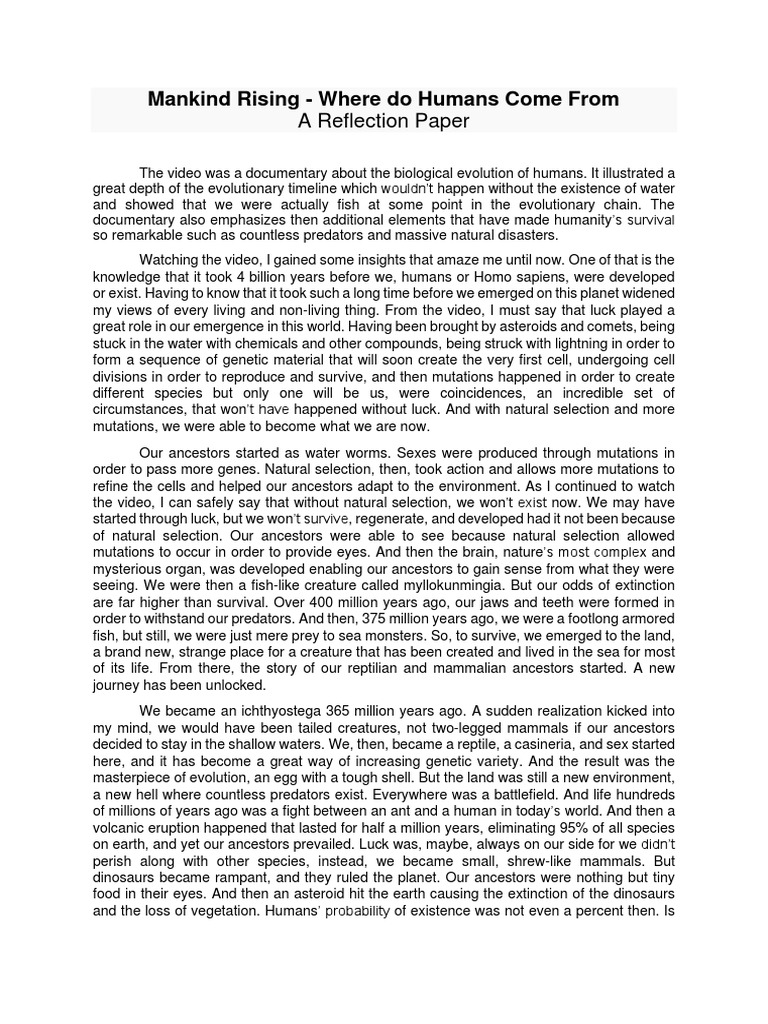 Mankind Rising - Reflection Paper | PDF | Evolution | Human
