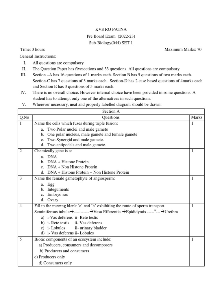 Bio QP Pre Board 2022-23 SET 1 | Download Free PDF | Operon | Biology