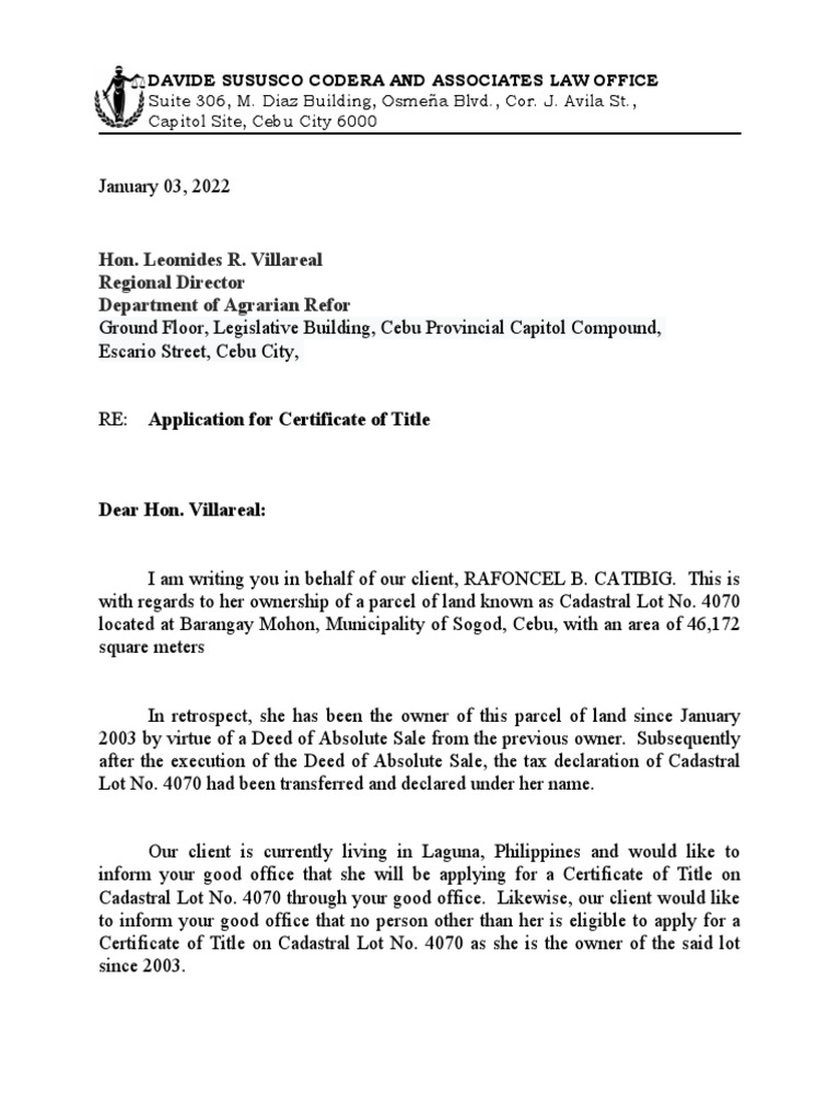 Application for Certificate of Title for Cadastral Lot No. 4070 Located ...