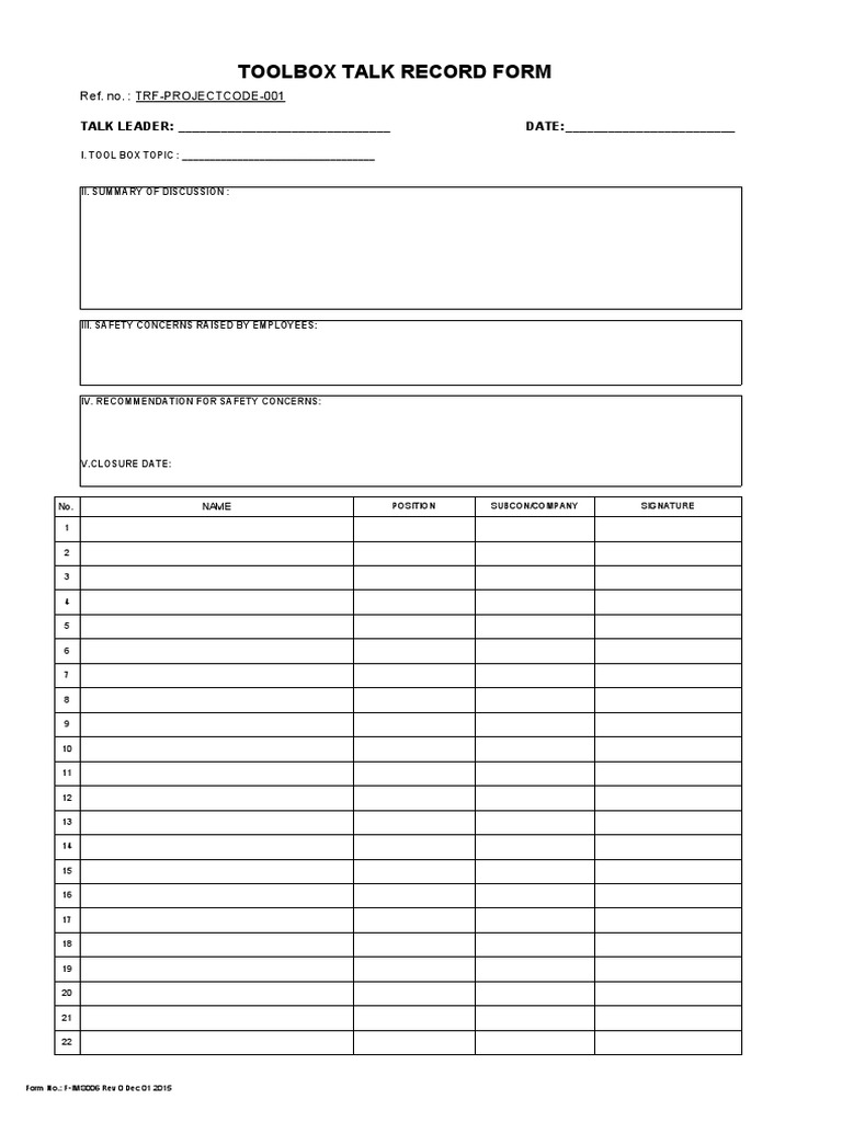 F-IMS006 Rev 0 - Toolbox Talk Record Form | PDF