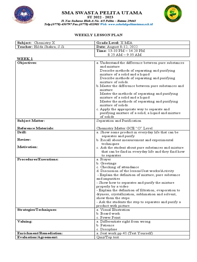 Lesson Plan Chemistry X | PDF | Mixture | Physical Chemistry