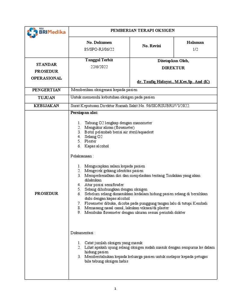 SOP Pemberian Terapi Oksigen | PDF