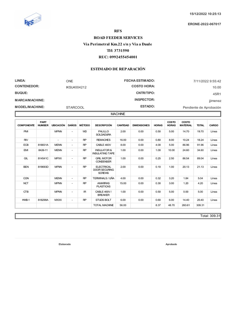 Estimado de reparación para un contenedor refrigerado con detalles de ...