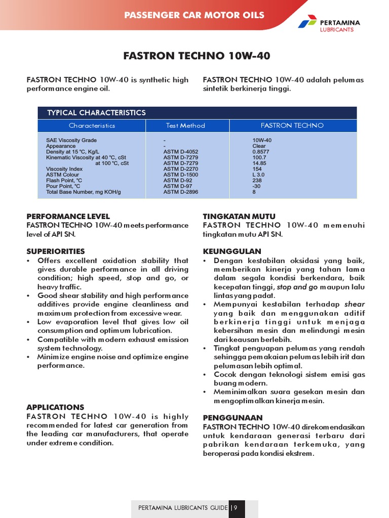Fastron Techno 10W-40 Engine Oil Guide | PDF