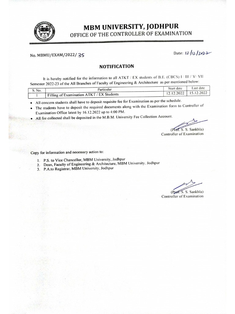 EX ATKT Exam Form Notification 2022-23 | PDF