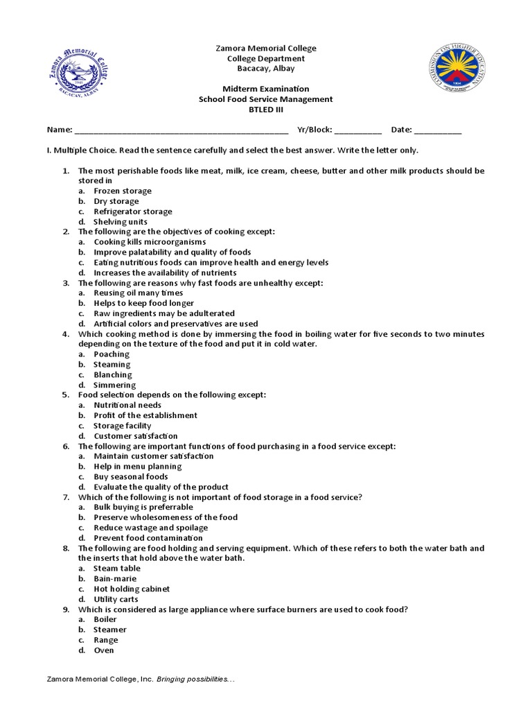 Midterm Exam: Food Service Management | PDF | Food Security | Poverty