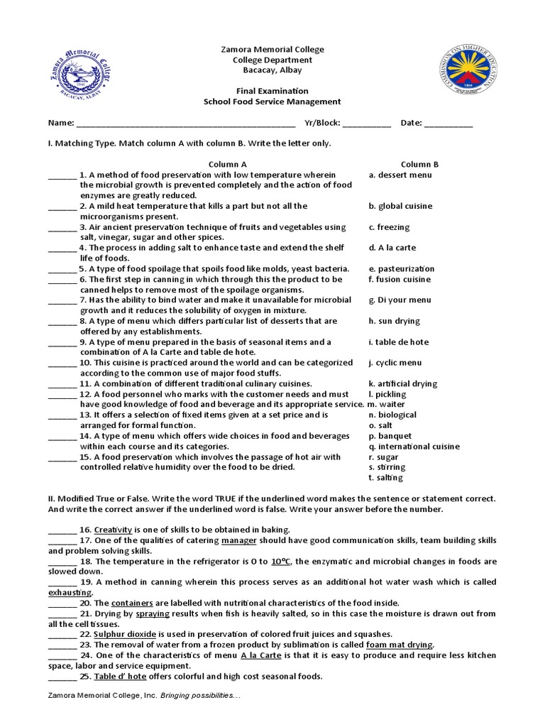 School Food Service MNGT Final Exam | PDF | Foods | Food Preservation