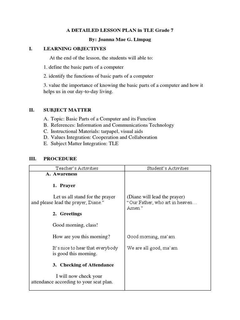 A DETAILED LESSON PLAN in TLE Grade 7 | PDF | Machines | Input/Output