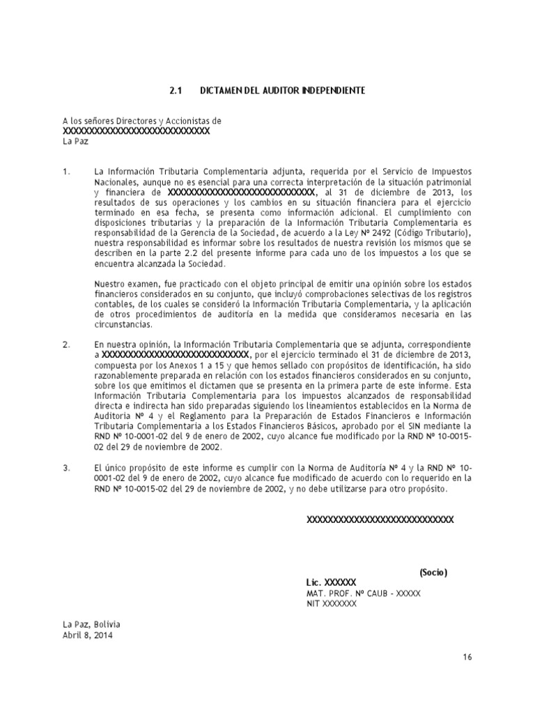 Ejemplo Informe Tributario Complementario | PDF | Auditoría | Impuestos