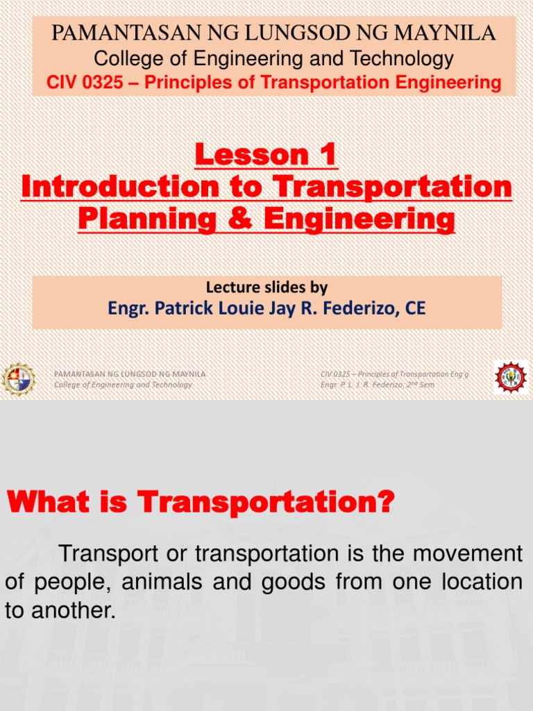 Lesson 1 Introduction To Transportation Planning & Engineering ...