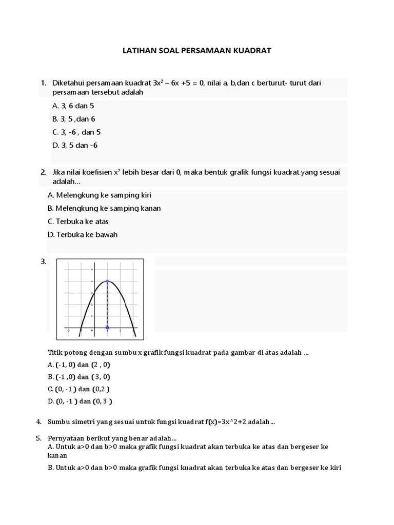 Latihan Soal Persaman Kuadrat Dan Grafik Kelas 9 | PDF