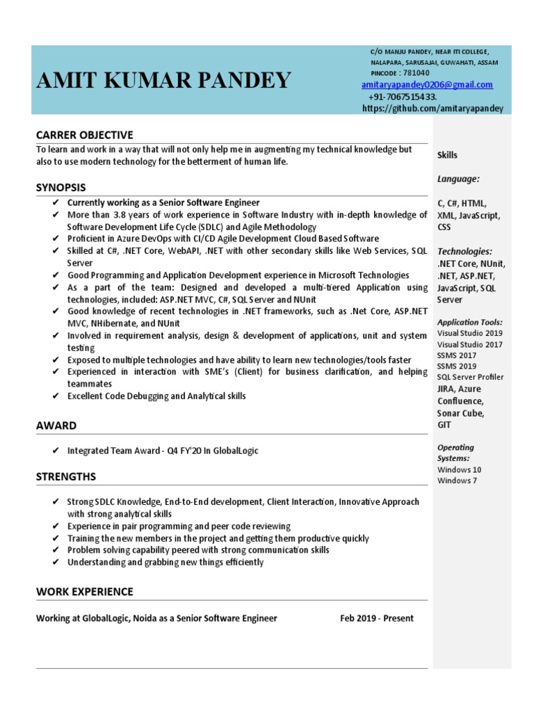 Amit Kumar Pandey: Carrer Objective | PDF | Microsoft Visual Studio | Microsoft Sql Server