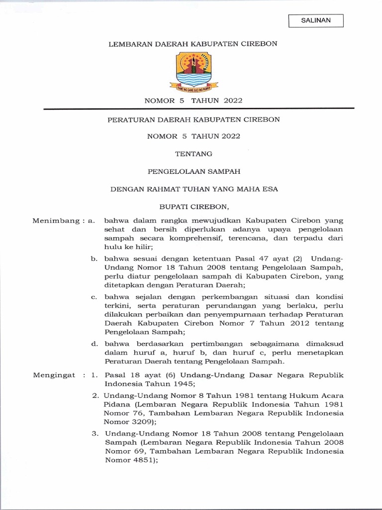 Perda Kabcrb Nomor 5 Tahun 2022 Tentang Pengelolaan Sampah | PDF