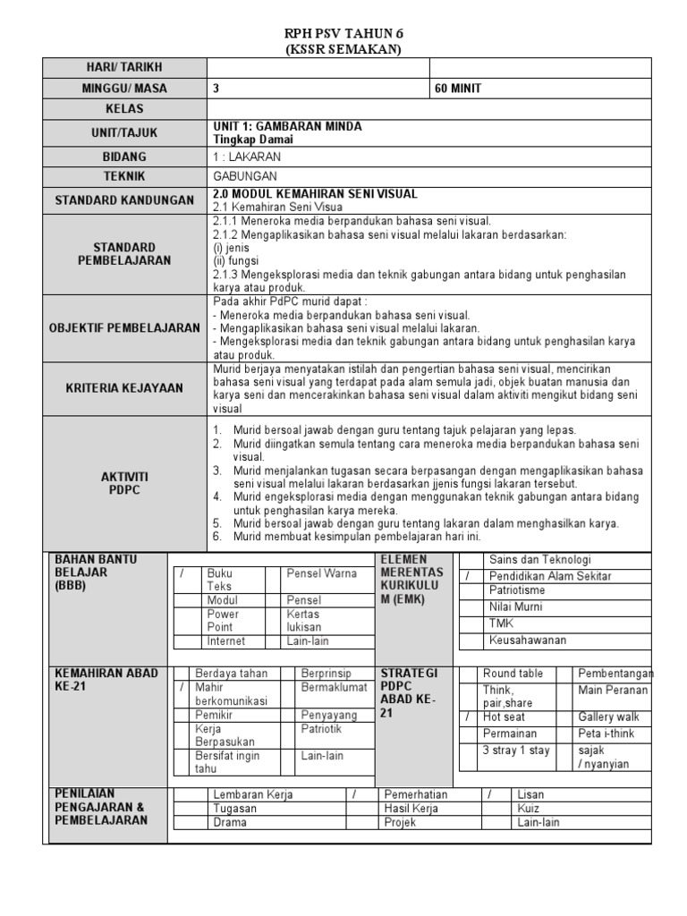 RPH PSV Tahun 6: Seni Visual dan Teknik | PDF | Seni