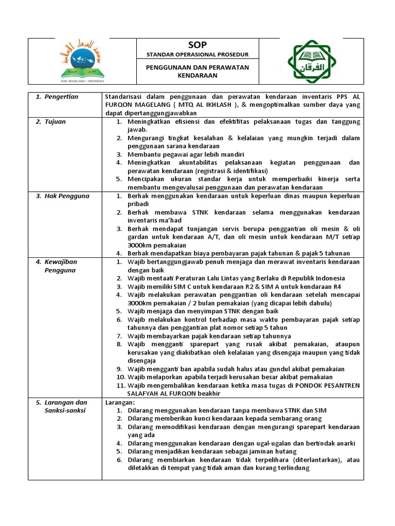 SOP Penggunaan Dan Perawatan Kendaraan | PDF