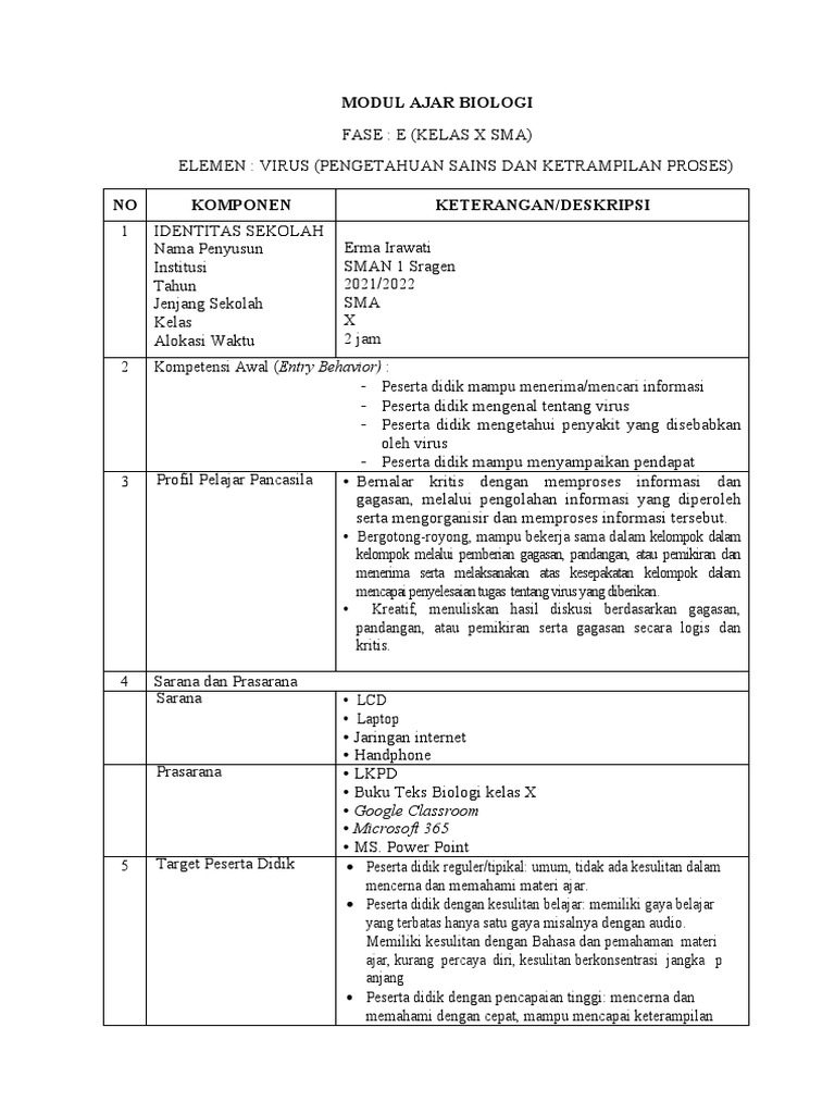 Modul Ajar - Virus - Bio X - Fase e | PDF