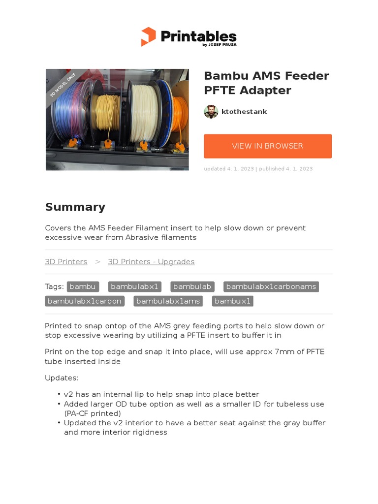 Bambu Ams Feeder Pfte Adapter | PDF