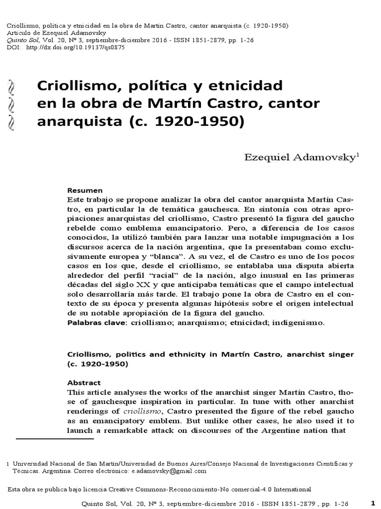 Criollismo, política y etnicidad en la obra del cantor anarquista ...