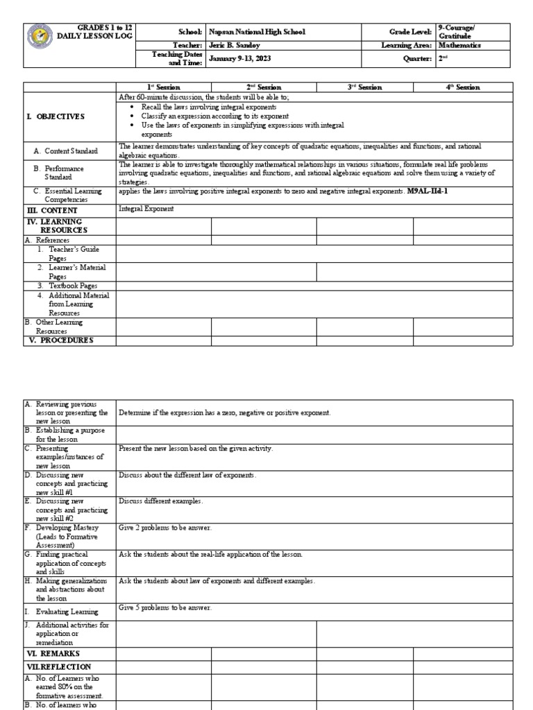 Grade 9 Math Lesson Plan | PDF | Learning | Cognitive Science