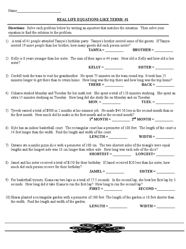 Equations Real Life Like Terms | PDF | Length | Equations