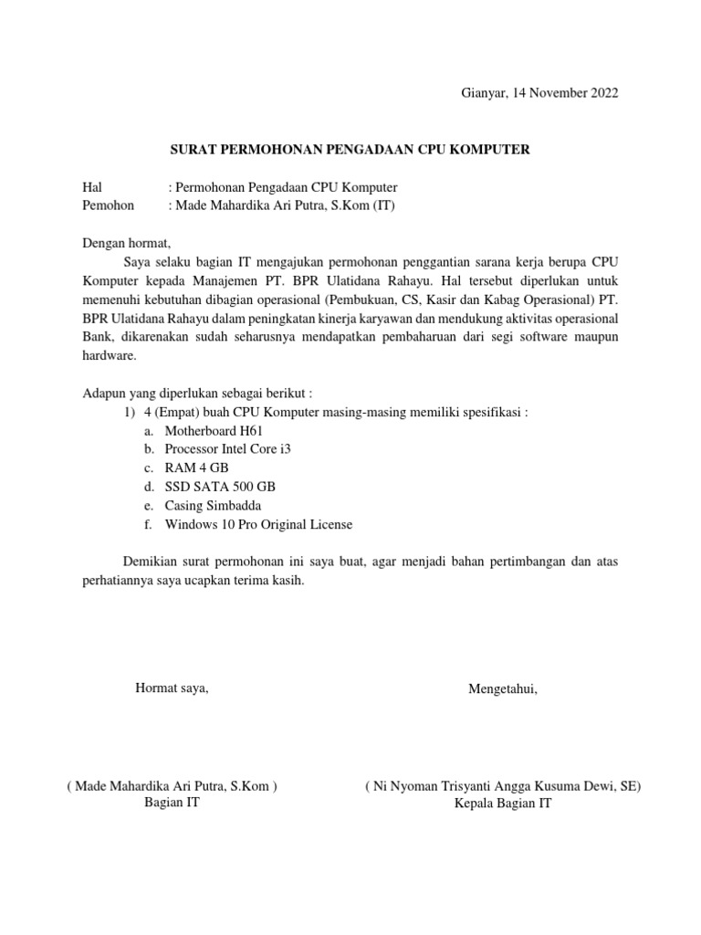 Surat Permohonan Pengadaan Komputer | PDF