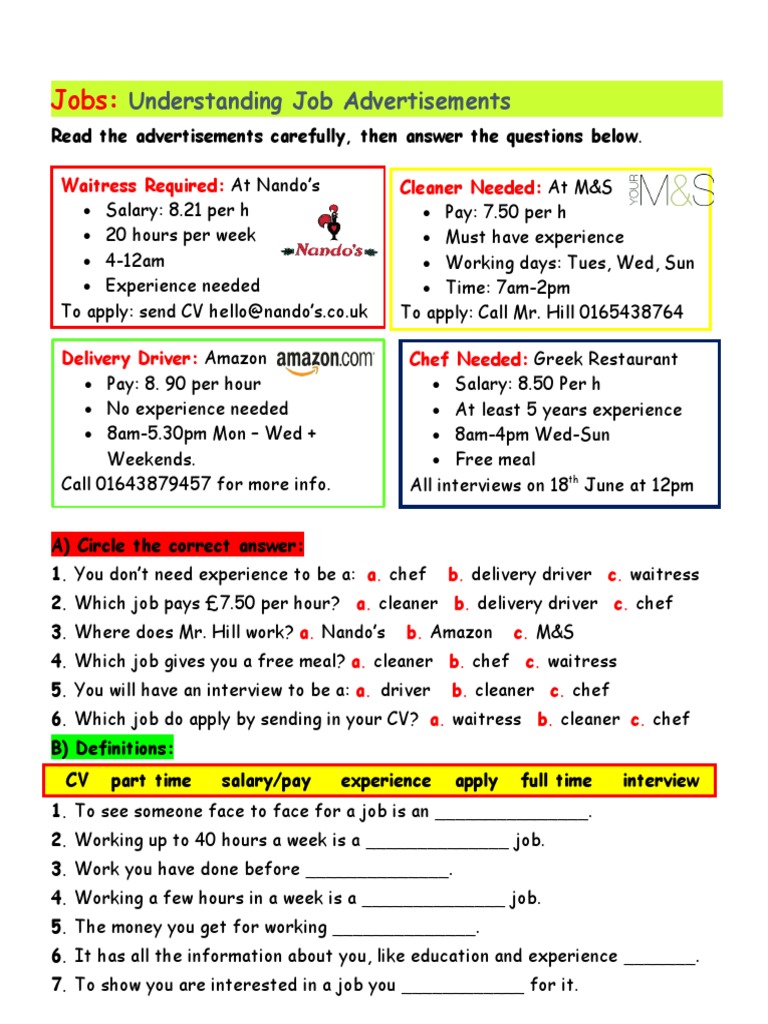 Understanding Job Advertisements Reading Comprehension Exercises ...