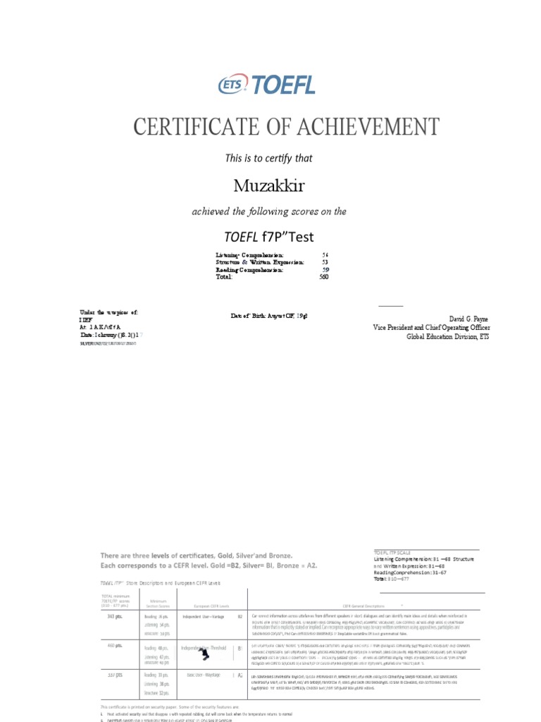 Sertifikat Toefl | PDF | Test Of English As A Foreign Language ...