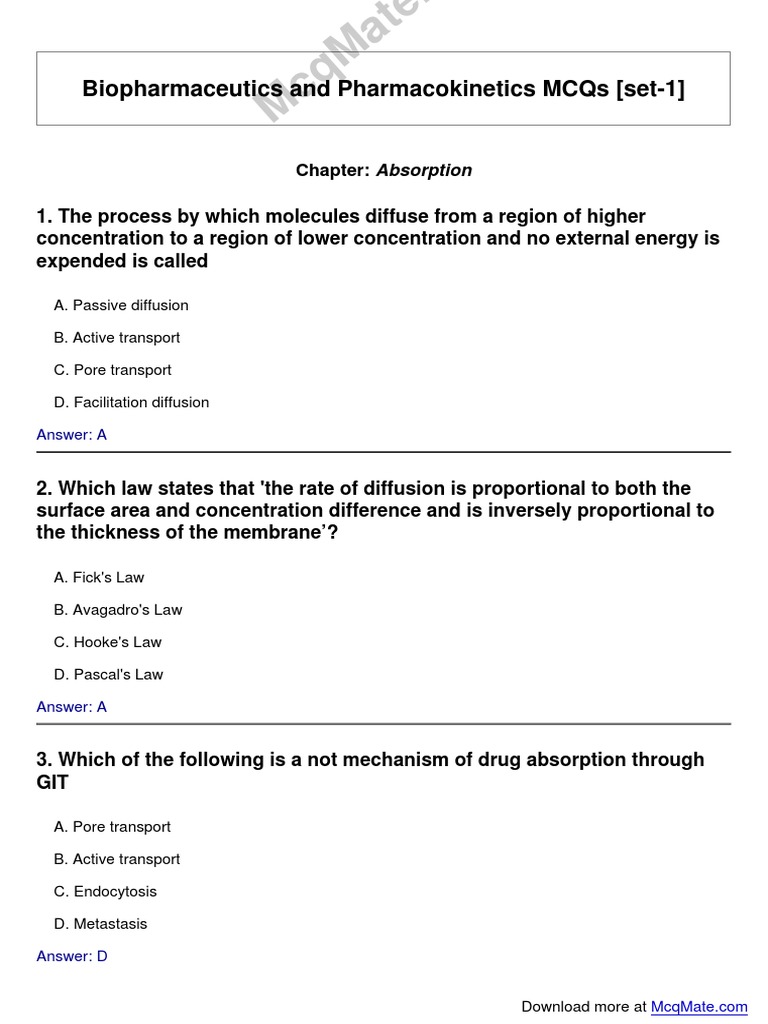 Biopharmaceutics MCQs on Absorption | PDF | Pharmacology | Biochemistry