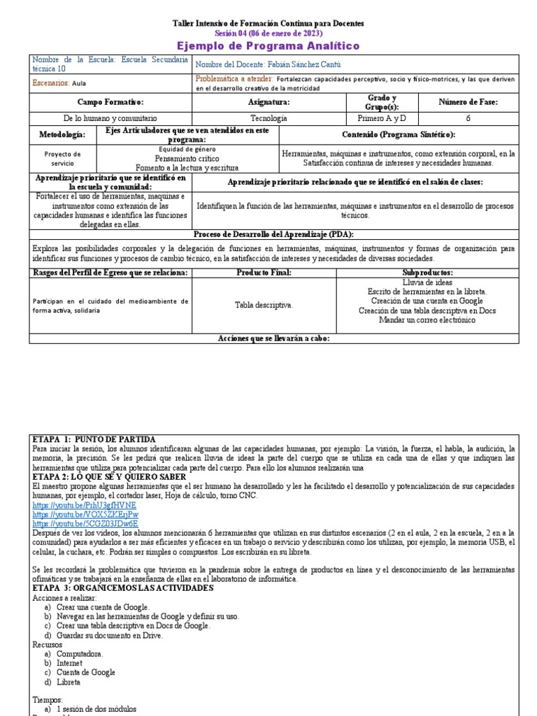 Ejemplo De Programa Analitico 3ros Fabian Sanchez Cantu Pdf