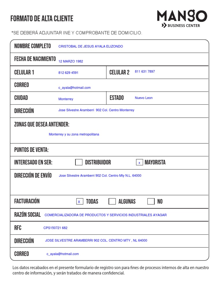 FORMATO DE ALTA CLIENTE - Completo | PDF